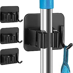DOMAXCAI 4 Pack Broom Holder Wall Mount, Upgraded Broom Holder, Super Anti-Slip Mop and Broom Holder Wall Mount, Self Adhesive Broom Hanger Gripper for Bathroom, Garage Laundry Room Storage, Black