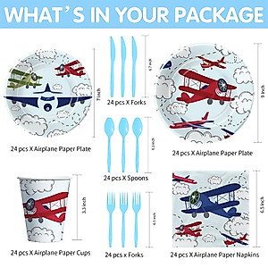Suhelkit Airplane Party Decorations Tableware Boy - Disposable Airplane Birthday Party Supplies, Plate, Napkin, Cup, Cutlery, Aviation Theme Airplane Birthday Baby Shower Table Decorations | 24 Guests