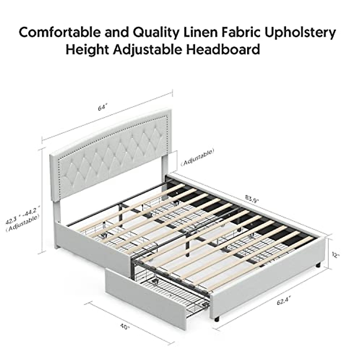 BONSOIR Queen Size Storage Bed Frame Upholstered Low Profile Traditional Platform with Tufted and Nail Headboard