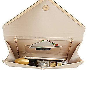 CHARMING TAILOR Elegant Satin Clutch Shimmering Rhinestones Laser-cut Flap Prom Purse (Beige)