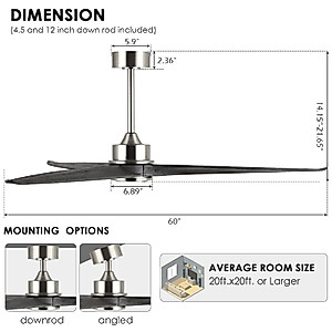 WINGBO 60 Inch DC Ceiling Fan without Lights, 3 Reversible Carved Solid Wood Blades, 6-Speed Noiseless DC Motor, Ceiling Fan No Light with Remote, Brushed Nickel Finish with Gray Blades