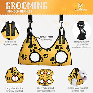 MAcosiness Pet Grooming Hammock for Nail Trimming - Complete Groomers Helper Set for Pet - Dog Grooming Hammock with Hook - Cat Nail Clipper - Dog Hammock for Nail Clipping (S, Gold with Black Paws)