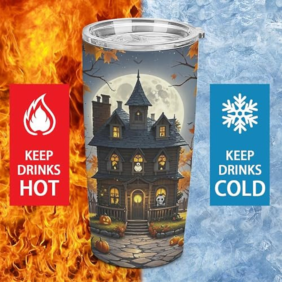 FHENMSA Stainless Steel Insulated Travel Coffee Mug,Moon Castle Print Reusable Car Cup,Thermal Cup for Outdoor with Straw And Lid