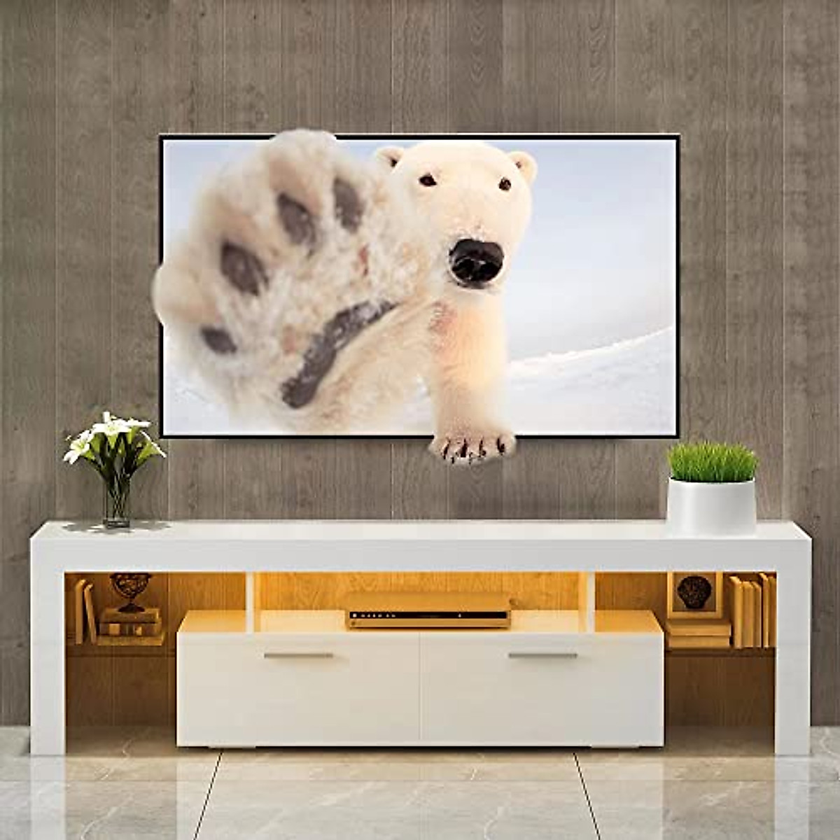 VAMWOGO LED TV Stand for 60 65 70 Inch TV Modern TV Stand Entertainment Center with LED Light & 2 Storage Drawers Media Console Table for Living Gaming Room White