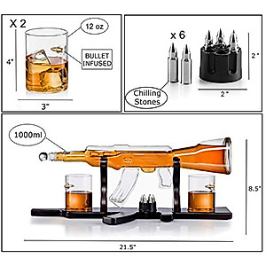 Whiskey Gun Decanter Gift Set - + 2 Whisky Bullet Glasses & Bullet Chilling Stones - Gun Shaped Rich Wood Classic Mahogany Base Tray - Liquor Scotch Bourbon -Boyfriend Husband Anniversary Retirement