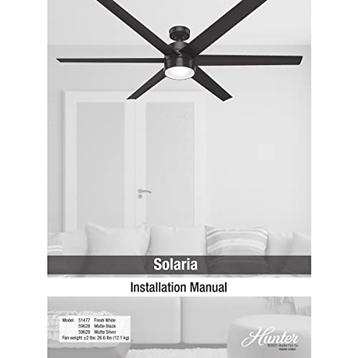 Hunter Fan Company 59628 Solaria Ceiling Fan, 72", Matte Black