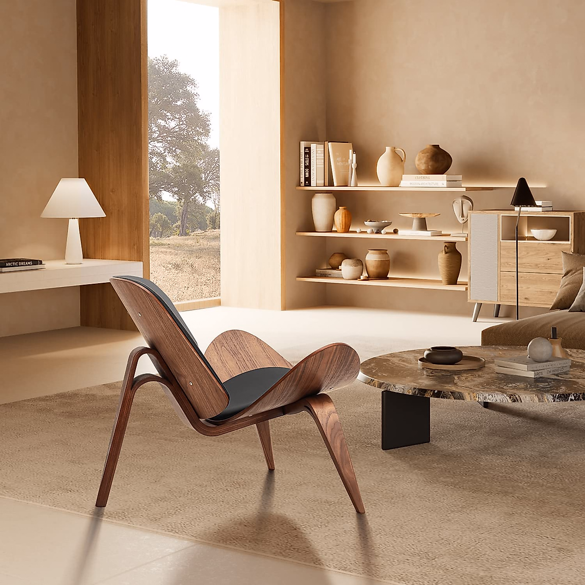 Furgle Mid Century Modern Chair Tripod Design Shell Chair with Black PU Leather Plywood Solid Wood Cute Accent Chair for Living Room, Reading Side Chair for Bedroom, Study, Office