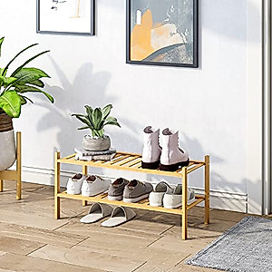 BMOSU 2-Tier Bamboo Shoe Rack Premium Stackable Shoe shelf Storage Organizer For Hallway Closet Living Room Entryway Organizer (Natural Bamboo)