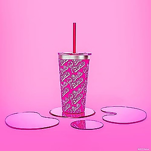 Dragon Glassware x Barbie Tumbler, Stainless Steel Vacuum Insulated Travel Tumbler, Comes with Lid, Pink & Clear Straws, Keeps Drinks Hot Or Cold, Dishwasher Safe, Fits in Cup Holders, 16 oz Capacity