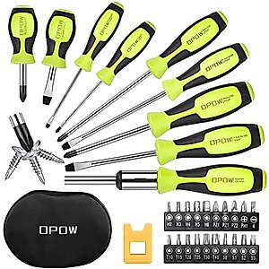 OPOW Magnetic Screwdriver Set with Storage Case, 30-Piece Professional Screwdrivers Includes Slotted/Phillips/Hex/Torx/Square/Pozi Head, Ratcheting and Screwdriver Bits, Non-Slip Handle Design.
