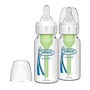 Dr. Brown’s Natural Flow® Anti-Colic Options+™ Narrow Glass Baby Bottles 4 oz/120 mL, with Level 1 Slow Flow Nipple, 2 Pack, 0m+