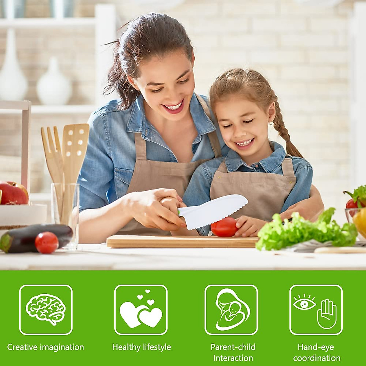 HOTUT Montessori Kitchen Tools,6Pieces Knives for Kids Nylon Kids Safe Cooking Knives Serrated Edges,Y Peeler For Cooking and Cutting Fruit,Suitable for Children and Beginners