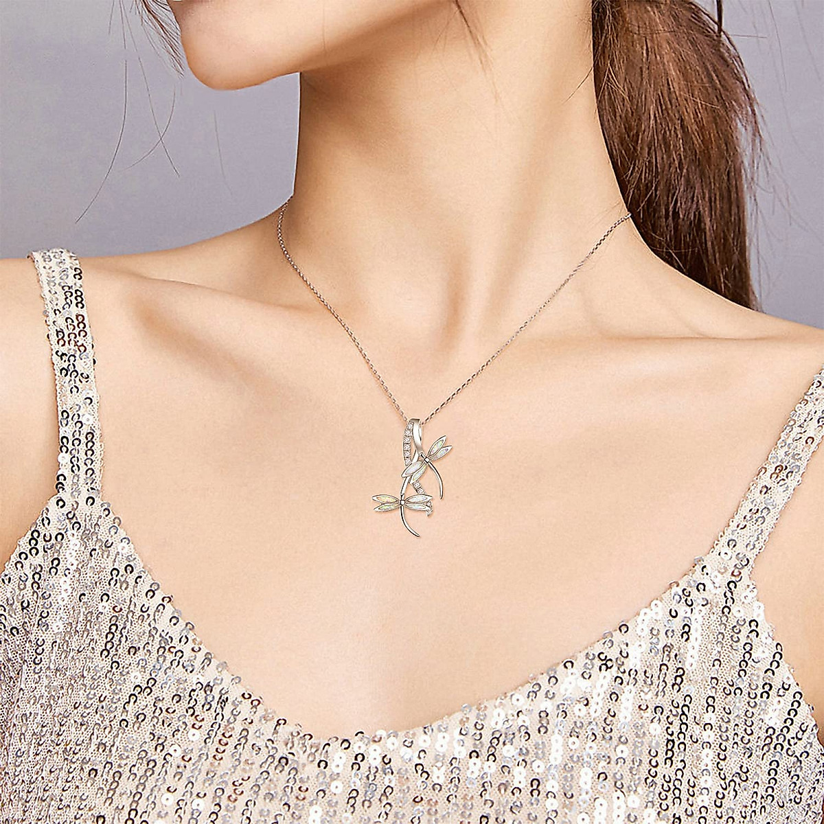 PRAYMOS Dragonfly Necklace 925 Sterling Silver Dreamy Dragonfly Opal Necklace Dragonfly Jewelry Gifts for Women