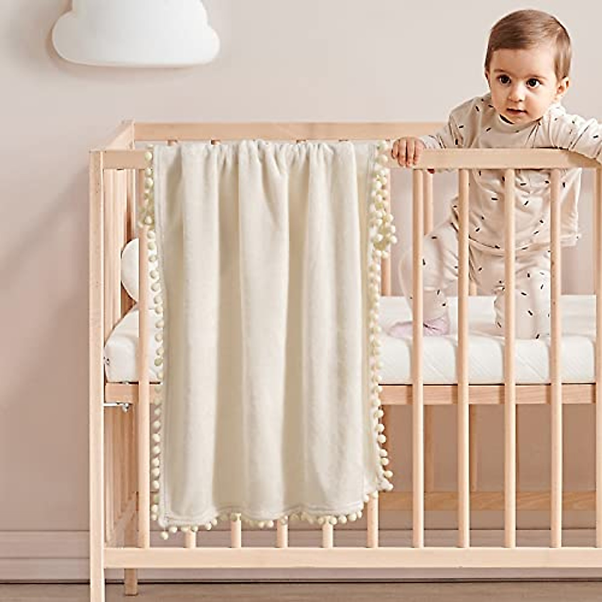 MIULEE Fleece Baby Blanket with Pompom Tassel for Boys, Girls, Kids, Infant, Newborn Soft Flannel Cozy Throw Blanket Fuzzy Plush Warm Boho Decor for Crib Stroller Nap 30"x40" Cream White