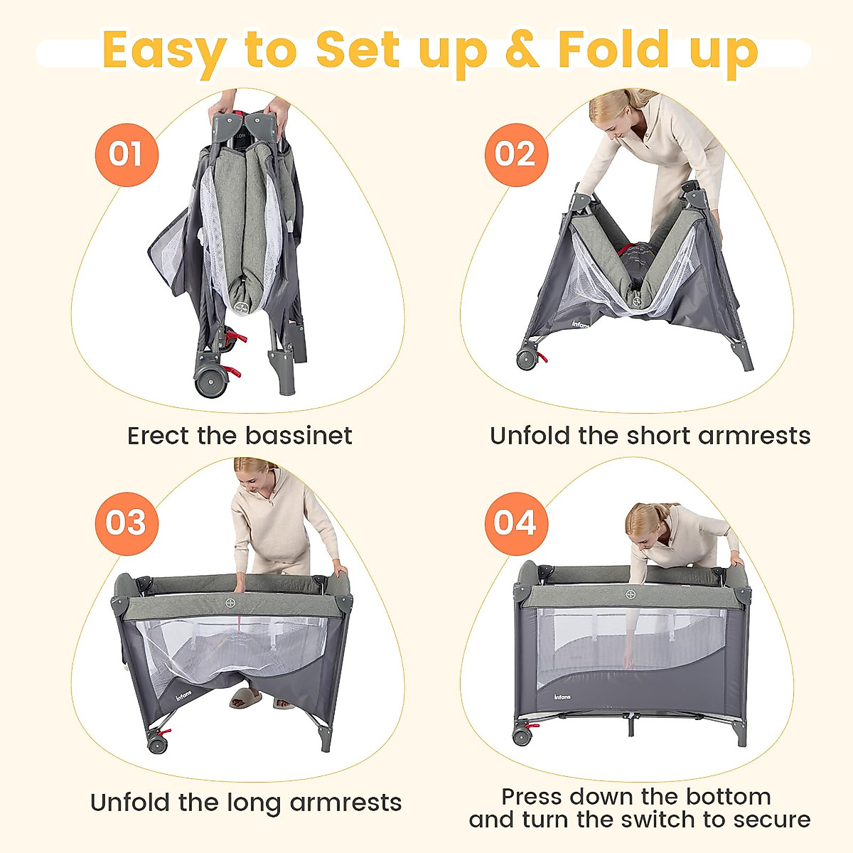 INFANS Pack and Play, Baby Bedside Sleeper with Bassinet, Diaper Changer, Mattress, Carry Bag, Music Box Hanging Toys, Foldable Bedside Crib, Portable Playard for Newborn Toddlers (5 in 1, Classic)