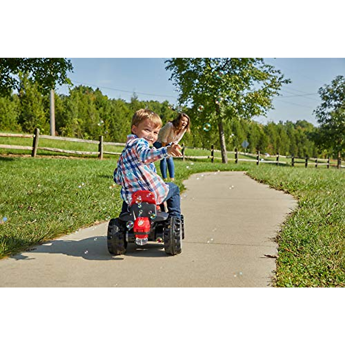 Huffy Kids Electric 12V Ride On Mini Mower Bubble Tractor, Red