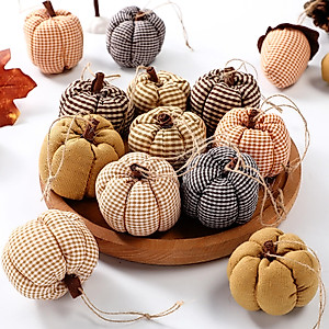 Hiboom 12 Pcs Farmhouse Fall Thanksgiving Decor Plaid Fabric Acorns Pumpkin Hanging Ornaments Autumn Tray Table Decor Thanksgiving Tree Decoration (Pumpkin)
