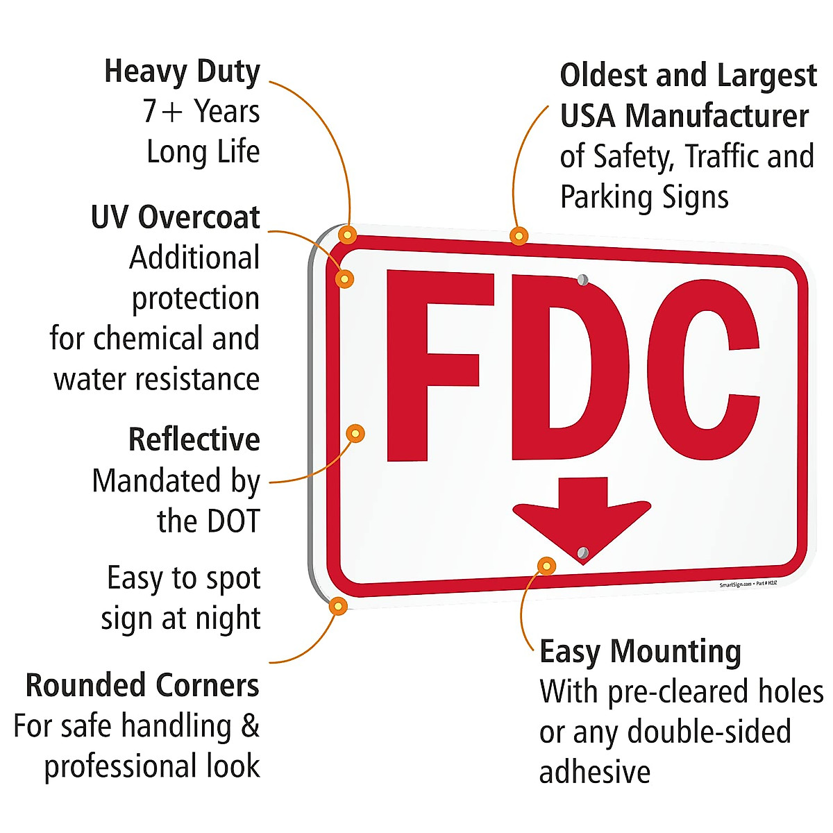 SmartSign 12 x 18 inch “FDC” Fire Department Connection Metal Sign with Down Arrow, 120 mil Aluminum Composite, 3M Engineer Grade Reflective Aluminum, Red and White, Made in USA