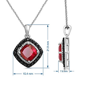 Jewelili Sterling Silver Pendant Necklace with 8mm Cushion Shape Created Ruby and Treated Black and Natural White Round Diamonds, 18" Rolo Chain