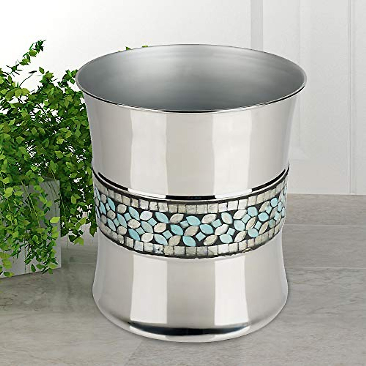 nu steel Sea Foam Wastebasket Trash Bin in Aqua Blue/Silver Glass Mosaic/ Stainless Steel for Bathrooms & Vanity Spaces