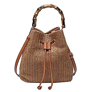 Women Straw Shoulder Bag Beach Woven Tote Bag Crossbody Bucket Handbags Summer Handmade Hobo Purse Bamboo Handle (C)