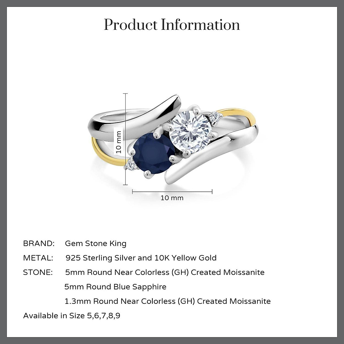 Gem Stone King 925 Silver and 10K Yellow Gold White Moissanite and Blue Sapphire and White Moissanite 2-Stone Crossover Ring For Women (1.12 Cttw, Size 7)