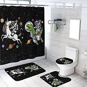 Outer Space Shower Curtain with 12 Hooks,Non-Slip Rug Toilet Lid Cover Bath Mat 4 Piece Sets Bathroom Set Space Art Astronaut Riding A Unicorn and Dinosaur and Planet Home Bathroom Decor, 72X72 Inch