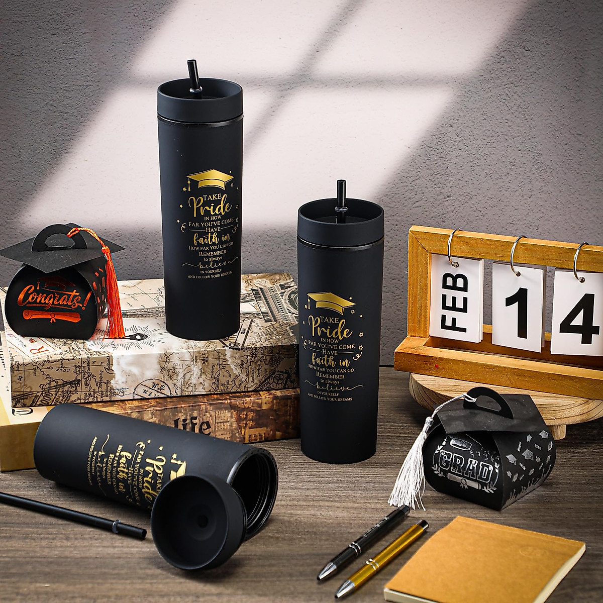 Blushtier 6 Pcs Class of 2025 Graduation Gifts Bulk College Graduate Gift 16oz Matte Inspirational Black Skinny Tumbler with Lid and Straw Plastic Drinking Cup for Teen High School Grad Party Favors