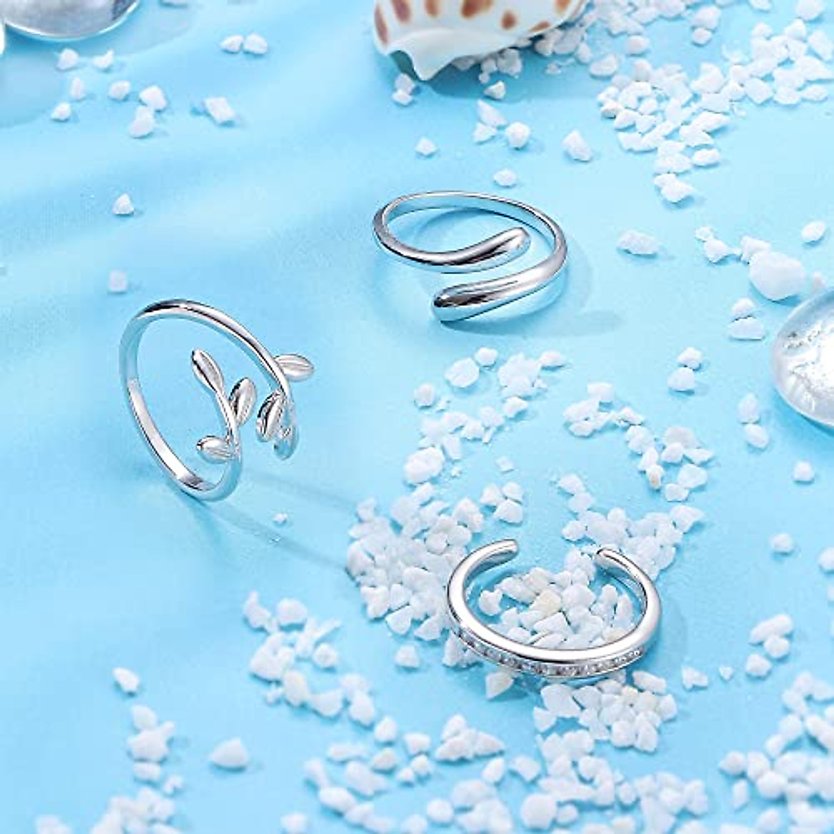 Besteel 925 Sterling Silver Toe Rings for Women Adjustsable Open Cuff Toe Rings Set Platinum Plating Band Leaf CZ Tail Rings Trendy Summer Beach Barefoot Jewelry Classic Style