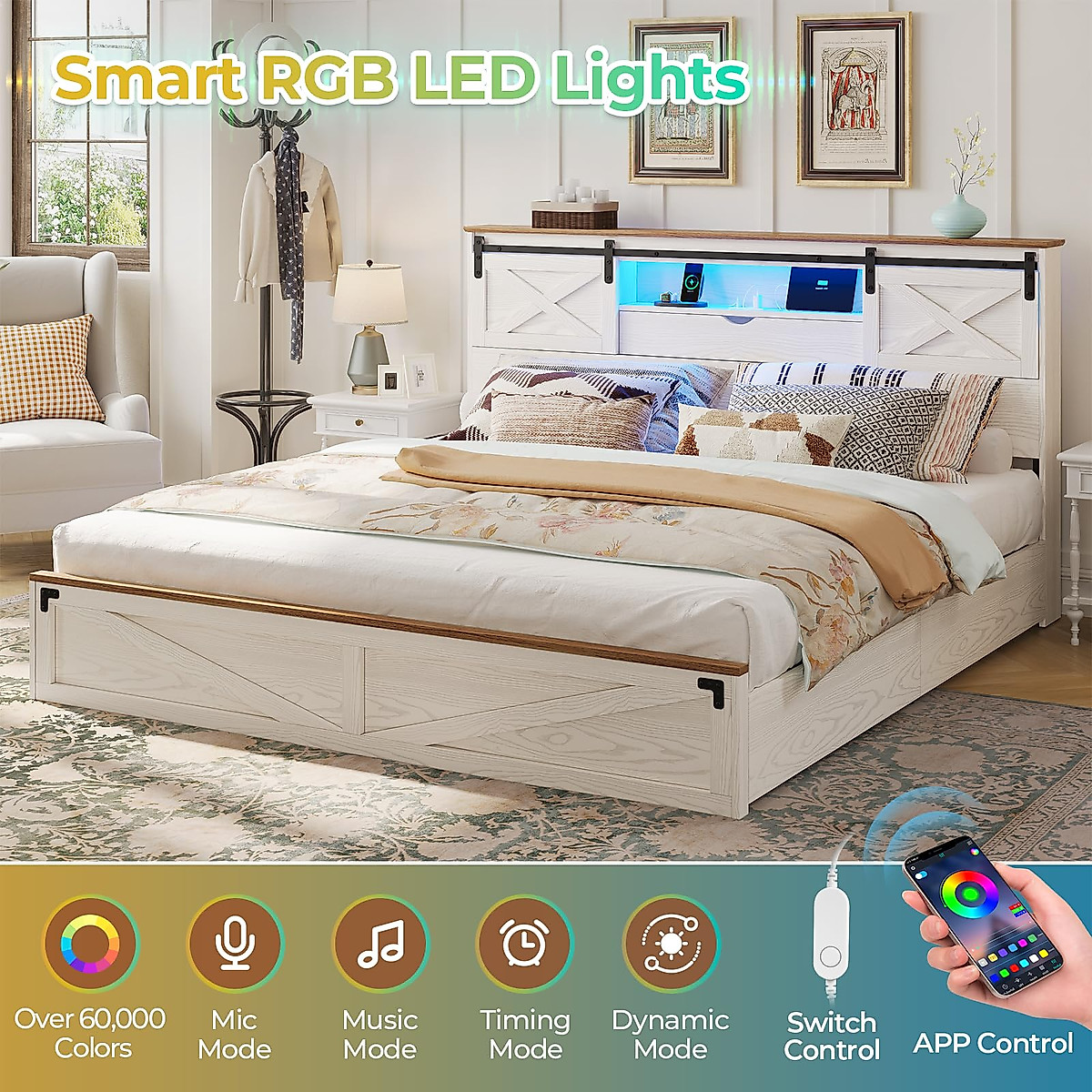 Hasuit Farmhouse Bed Frame King Size with LED Lights and Charging Station, Wooden King Bed with 2 Storage Drawers, Rustic Headboard with Sliding Barn Door Storage Cabinets, White