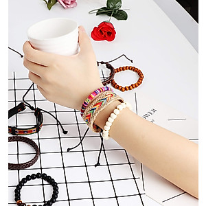 LOLIAS 18Pcs Leather Chakra Bead Tribal Bracelet for Men Women Charm Ethnic Wood Beaded Hemp Bracelets Boho Wristbands