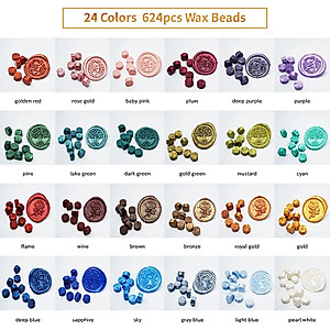 Comealltime Wax Seal Kit with Gift Box, 624 Pcs Wax Seal Beads with 2 Pcs Wax Seal Stamps, Sealing Wax Warmer, Wax Seal Metallic Pen, Envelope, Candles, Wax Seal Stamp Kit for Gift and Craft