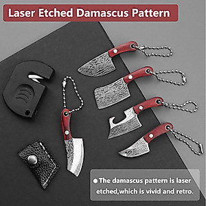 Ruksifg 5 Pcs Mini Knife Set Damascus Chef Knives EDC Knife Set Mini Cleaver for Package Opener,Box Cutter,Mini Knives Set with Sheath and Sharpener