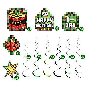 39 Pixel Birthday Party Decoration Pixelating Party Swirls for Pixelated Party Ceiling Decorations, Video Game Party Decor Mining Hanging Swirl Pixelated Foil Spirals Dangling Swirls Photo Props