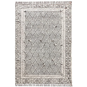 Casavani Handmade Area Rugs Hand Block Printed Cotton Dhurrie Gray, Black Boho Kilim Flat Weave Rug Indoor Bedroom Decor Rugs for Laundry Kitchen Bathroom 4x20 Feet Runner (120x600 cm)
