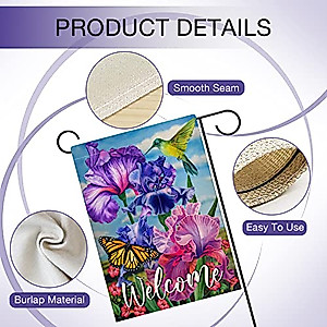 Hzppyz Welcome Spring Hummingbird Iris Garden Flag Double Sided, Purple Flower Bird Yellow Butterfly Decorative House Yard Outdoor Small Decor, Summer Floral Arrangement Home Outside Decoration 12x18