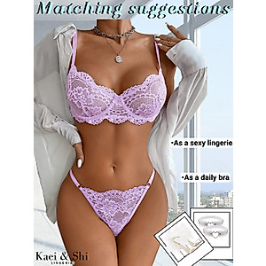 Kaei&Shi Sexy Bra And Panty Sets,Underwire Mesh Floral Lace Lingerie For Women,Thong Sheer Matching Two Piece Sexy Lingerie Set Boudoir Light Purple Medium