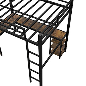 Full Size Loft Bed with Desk and Build in Ladder, Metal Loft Bed with Storage Shelves, L-Shaped Desk and Full Length Guardrail, Full Loft Bed for Kids, Girls, Boys, Teens, Black Loft Bed