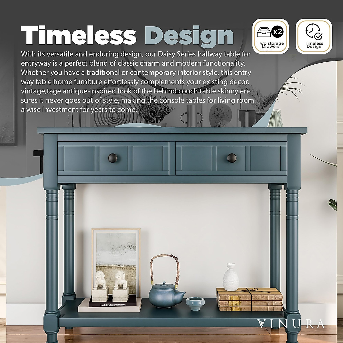 Venera Traditional Console Tables with Storage for Living Room - Solid Pine Wood Navy Blue 35 Inch Narrow Console Table with Storage for Kitchen or Entryway - Retro Hallway Table for Entryway