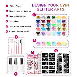 Temporary Glitter Tattoo Kit for Kids makeup,30 Body Glitter,3 Glitter Glue,5 Sheets Tattoos Stencil,5 Pcs Makeup Brush,6 Fluorescent Powder,Rhinestone Stickers,Holiday,Party,Nail Art