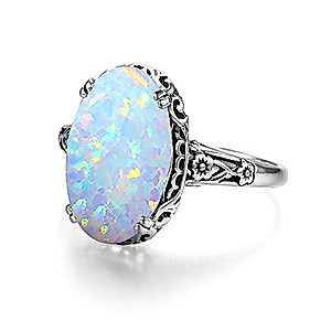 SZJINAO 6CT White Opal Ring Sterling Silver Rings For Women Floral Edwardian Antique Filigree Engagement Wedding Ring (Opal, 7)