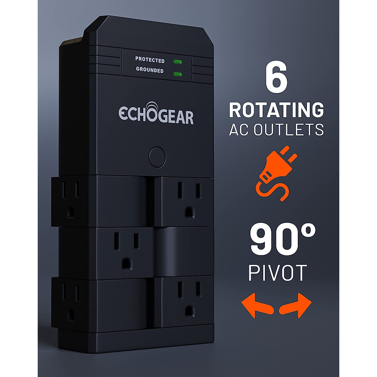 ECHOGEAR Wall Outlet with Surge Protection - Power & Protect 8 Devices with 6 Rotating AC Plugs & 2 USB Ports - Includes 1x USB-C Port & 1x USB-A Port - Black