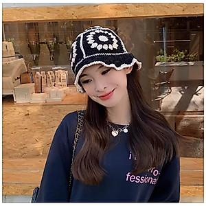 Crochet Bucket Hat for Women Crochet Hat Handmade Knitted Hat Foldable Floral Crochet Beanie Hat for Women Girls Outdoor Black/White