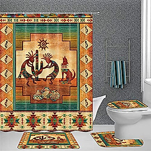 Kokopelli Bathroom Sets with Shower Curtain and Rugs, Southwestern Native American Bathroom Shower Curtain Sets, Western Waterproof Polyester Fabric Bathroom Accessories Bathtub Decorative
