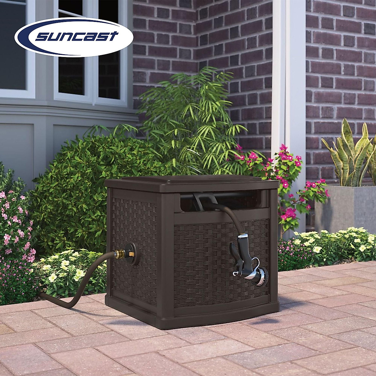 Suncast 150 Foot Slide Trak Outdoor Garden Wicker Resin Water Hose and Reel Hideaway with Brass Connections for Patio or Backyard, Java