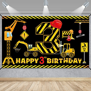Construction 3rd Birthday Banner Decorations for Boys Kids, Dump Truck Construction Theme Three Birthday Backdrop Party Supplies, Excavator Crane Digger Three Year Old Poster Sign