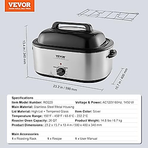 VEVOR Electric Roaster Oven, 26 QT Turkey Roaster Oven with Self-Basting Lid, 1450W Roaster Oven with Defrost & Warm Function, Adjustable Temperature, Removable Pan & Rack, Fits Turkeys Up to 30LBS
