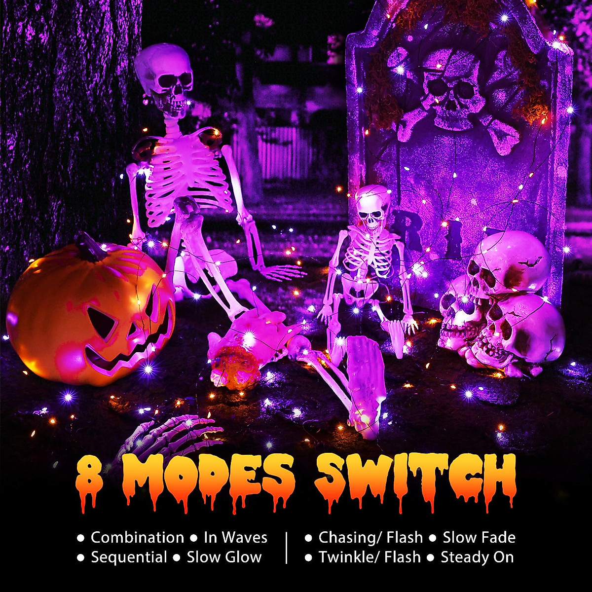 Solar Halloween Lights Outdoor - 4 Pack Total 135ft 400 LED Solar Fairy Lights Waterproof 8 Modes Twinkle Black Wire String Lights for Halloween Party DIY Decoration (Orange Purple)