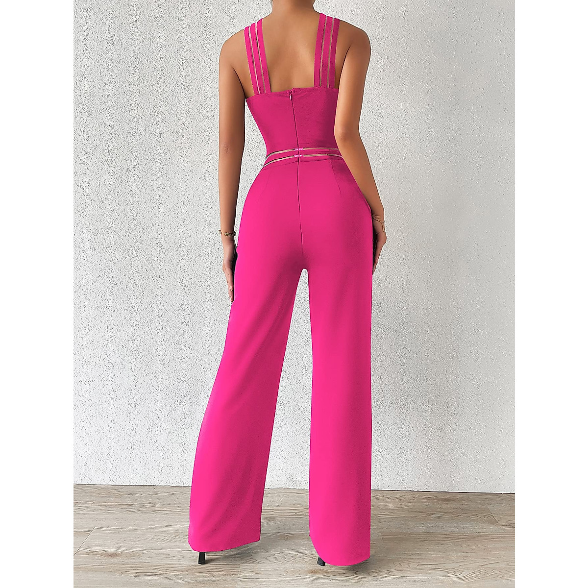 WDIRARA Women's Sleeveless Halter Tied Backless High Waist Belted Wide Leg Pants Elegant Jumpsuit Rompers Plain Hot Pink L