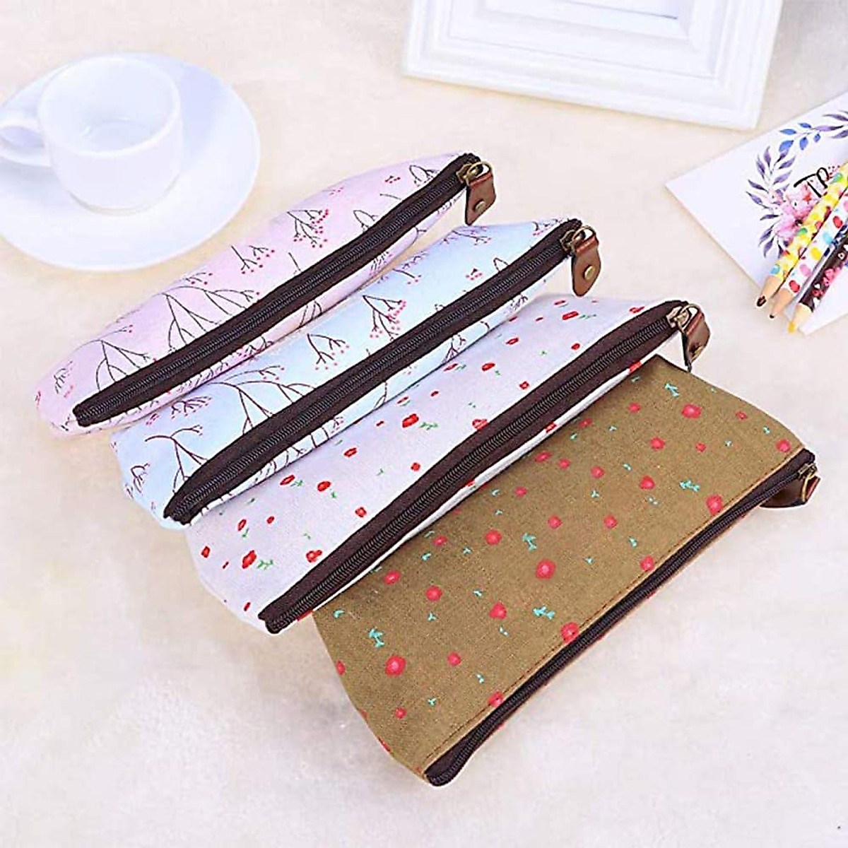 Countryside Flower Floral Cosmetic Makeup Bag Cute Floral Flower Canvas Zipper Pencil Pen Cases, Multi-functional lovely Flower Tree Fabric Coin Purse(4 Pcs)